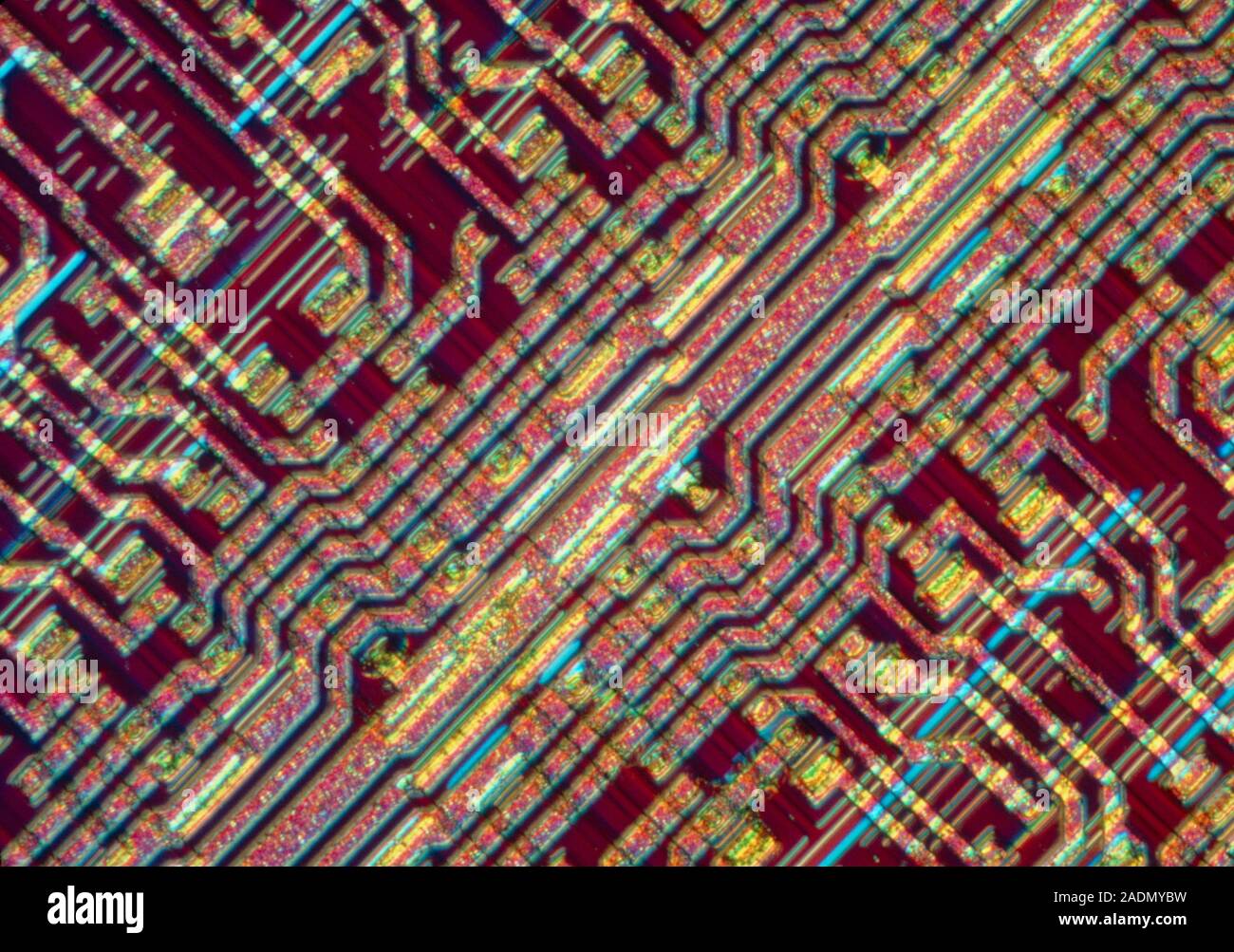 Light micrograph of the surface of an integrated circuit or silicon ...