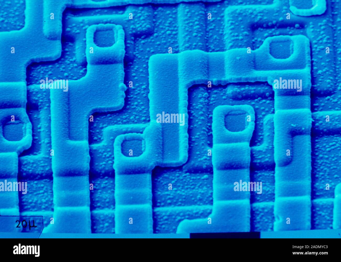 Scanning electron micrograph of the surface of an integrated circuit ...