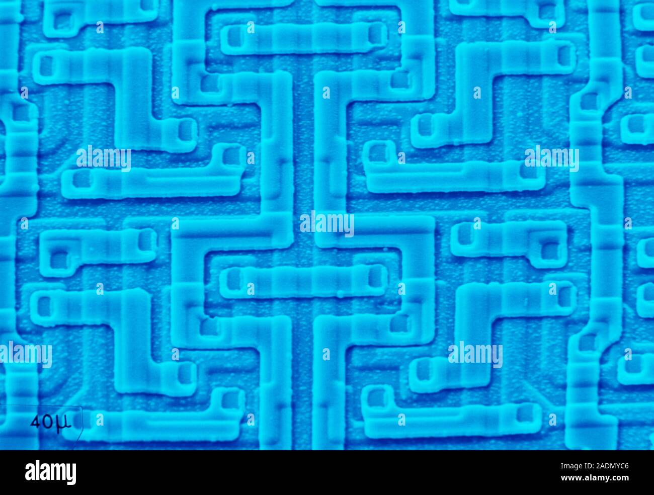 Scanning electron micrograph of the surface of an integrated circuit ...