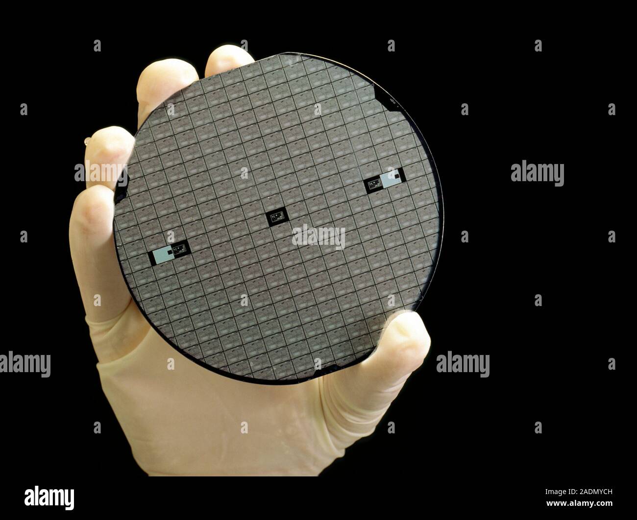 A gloved hand holding a processed silicon wafer. The wafer contains ...
