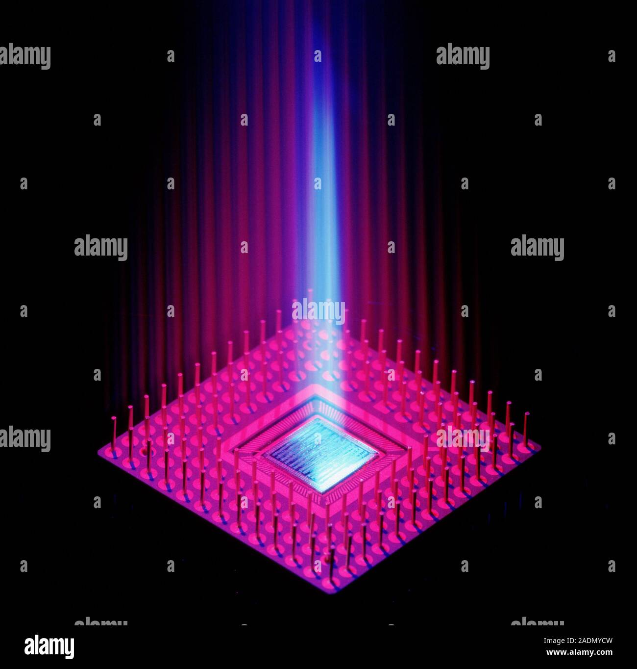 Packaged microprocessor chip. Special effects image of the underside of ...