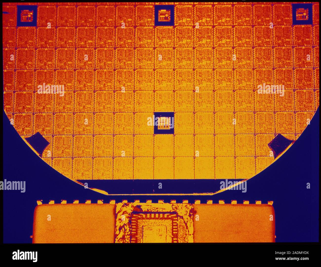 Silicon wafer and chip. A processed silicon wafer (at top) with a ...