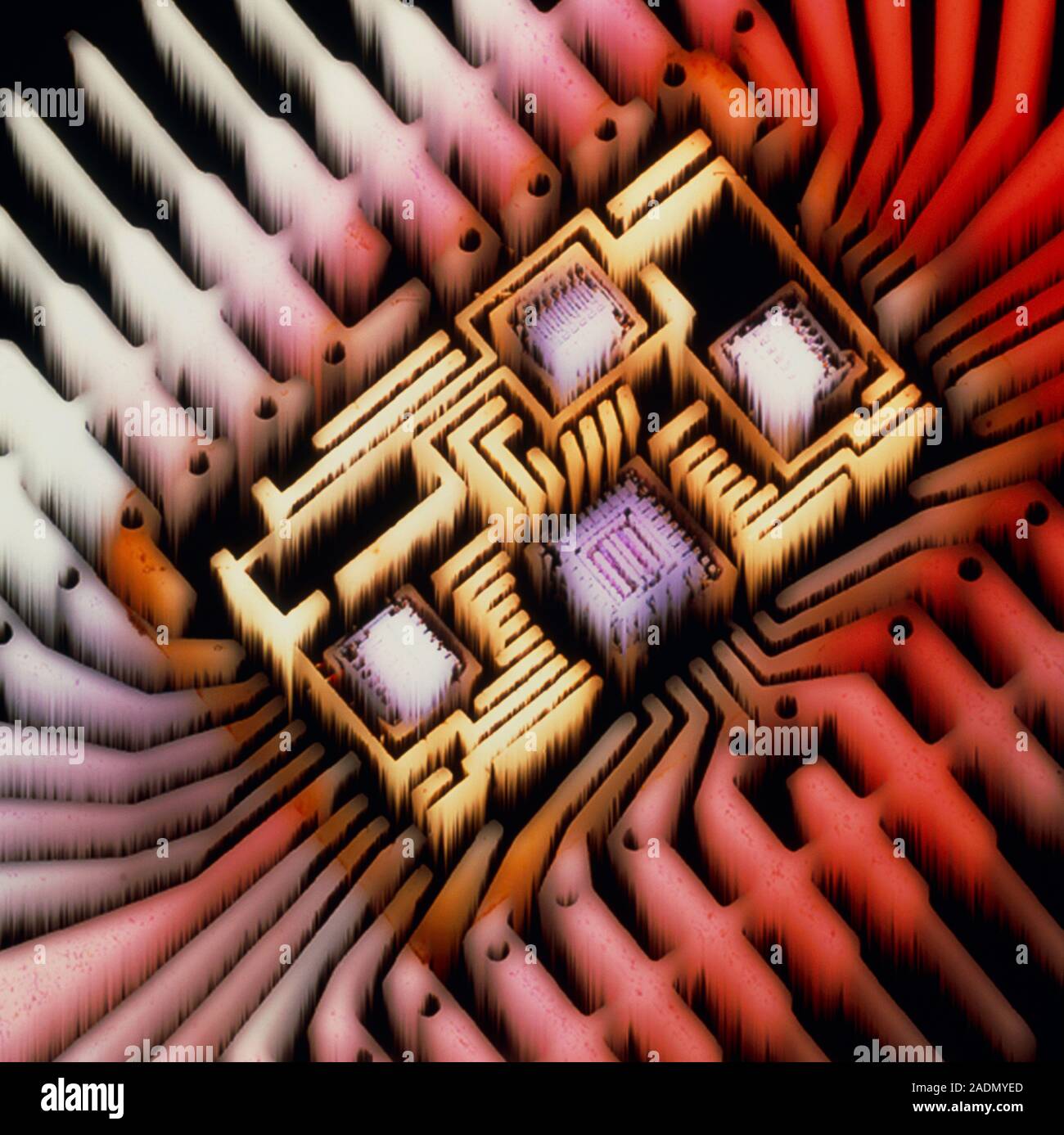 Hybrid integrated circuit chip. Computer-enhanced macrophotograph of a ...