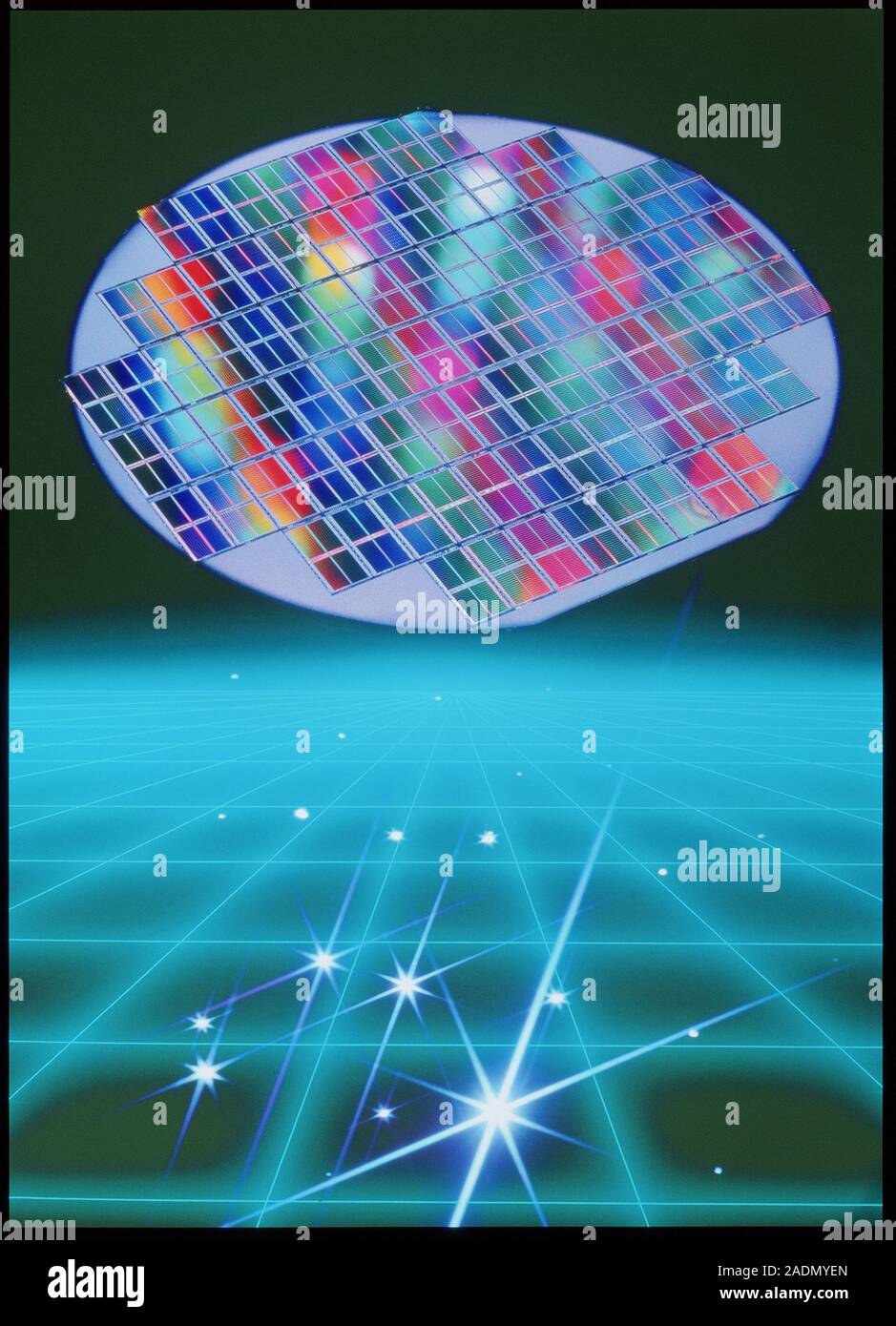 Semiconductor wafer. Computer artwork of a semiconductor wafer seen ...