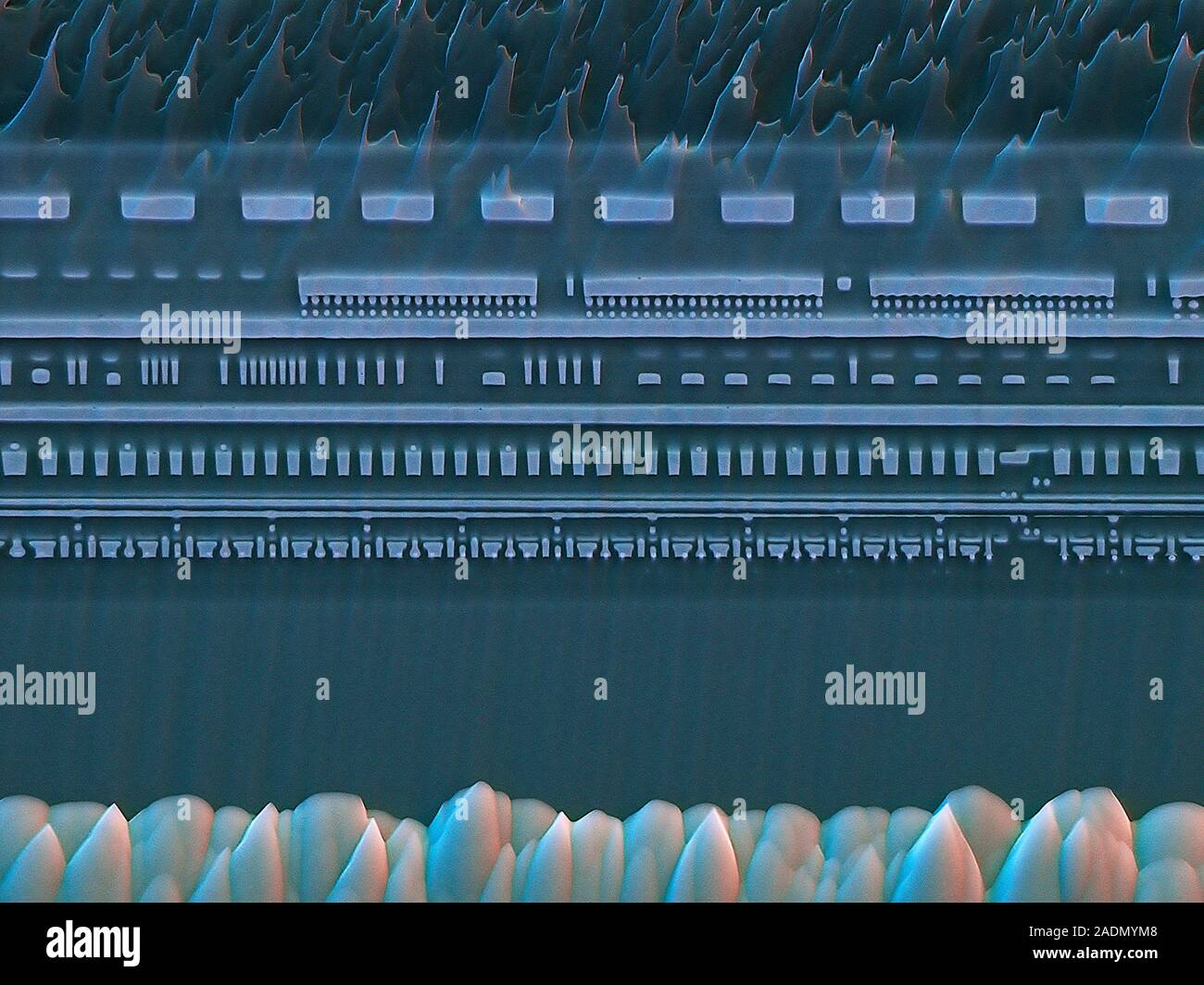 Microchip cross-section. Coloured scanning electron micrograph (SEM) of ... Microchip cross-section. Coloured scanning electron micrograph (SEM) of ...