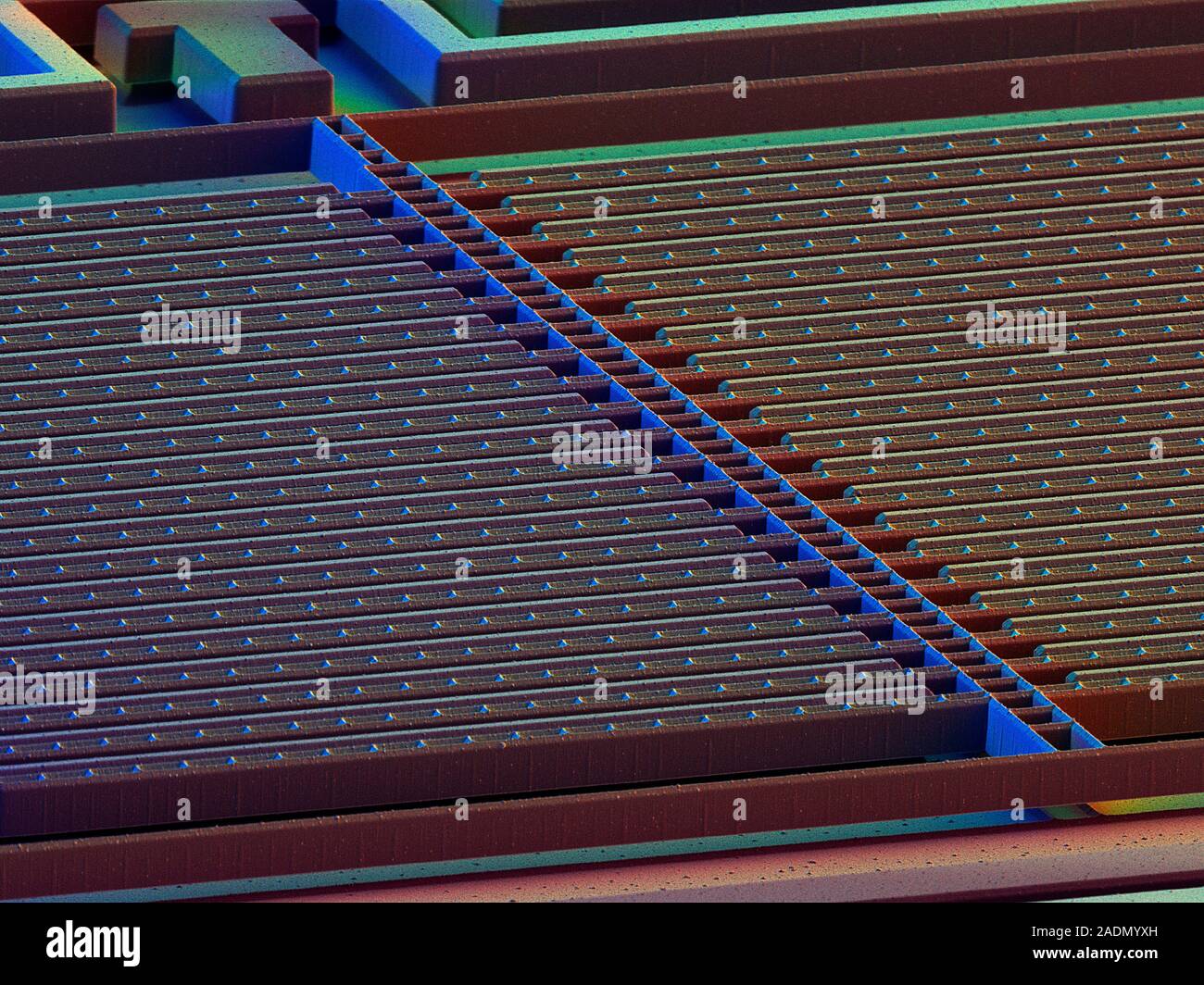 Micromechanic accelerometer. Coloured scanning electron micrograph of ...
