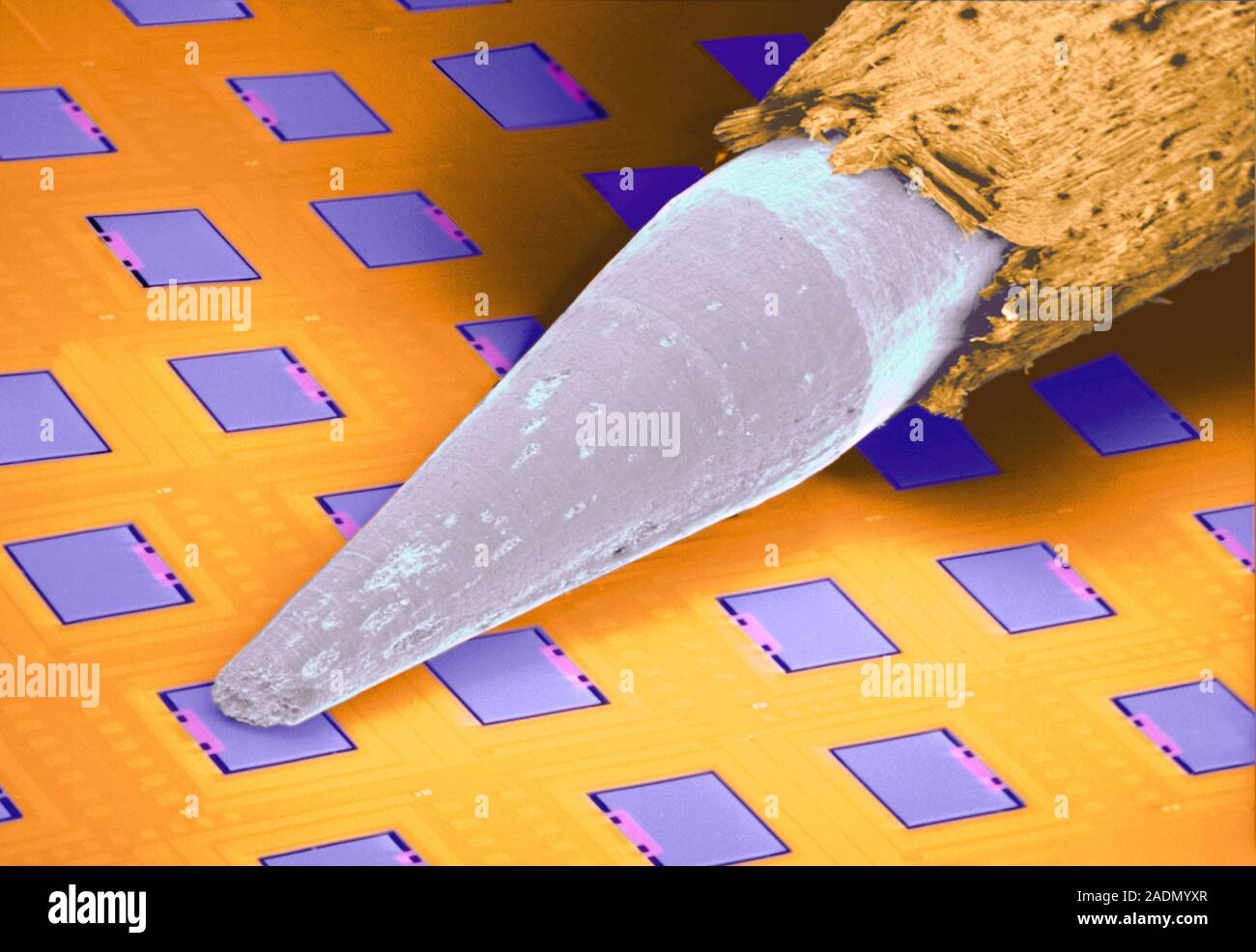 Car air bag sensor. Coloured scanning electron micrograph (SEM) of the ...