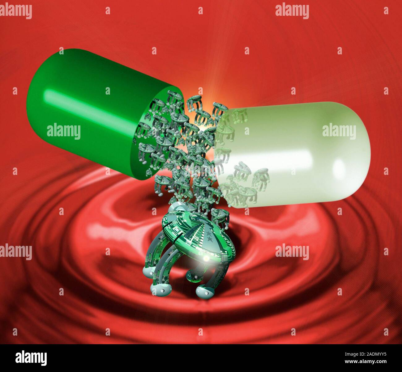 Nanorobots in capsule. Computer illustration of nanorobots emerging ...