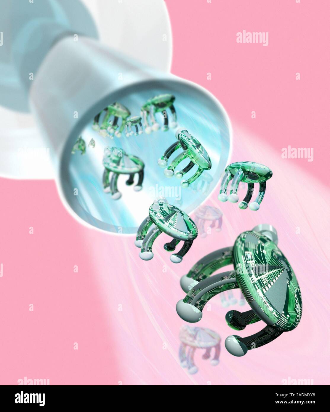 Nanorobot injection. Computer illustration of nanorobots being injected ...