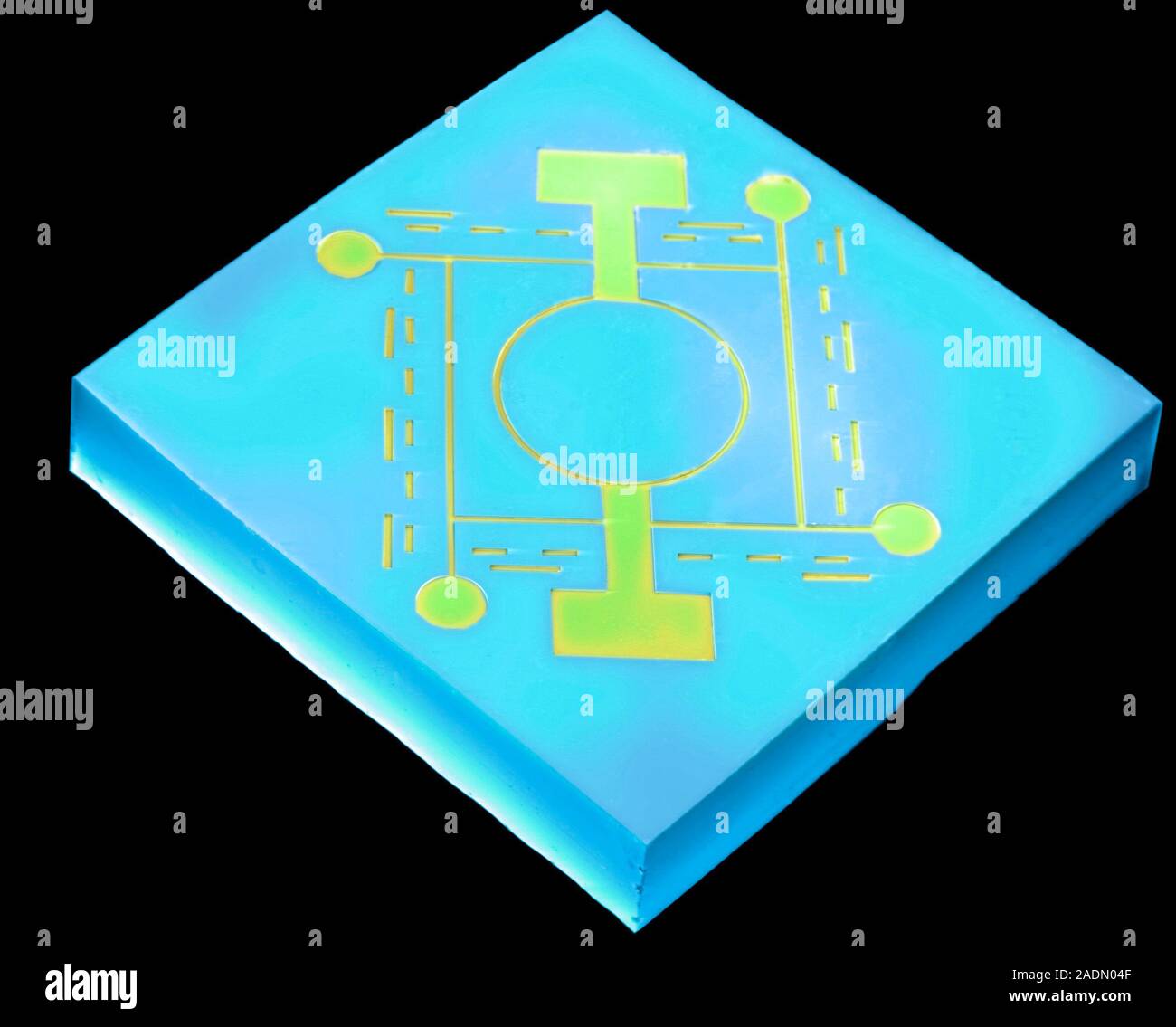 Microscopic pressure sensor. Coloured scanning electron micrograph (SEM ...
