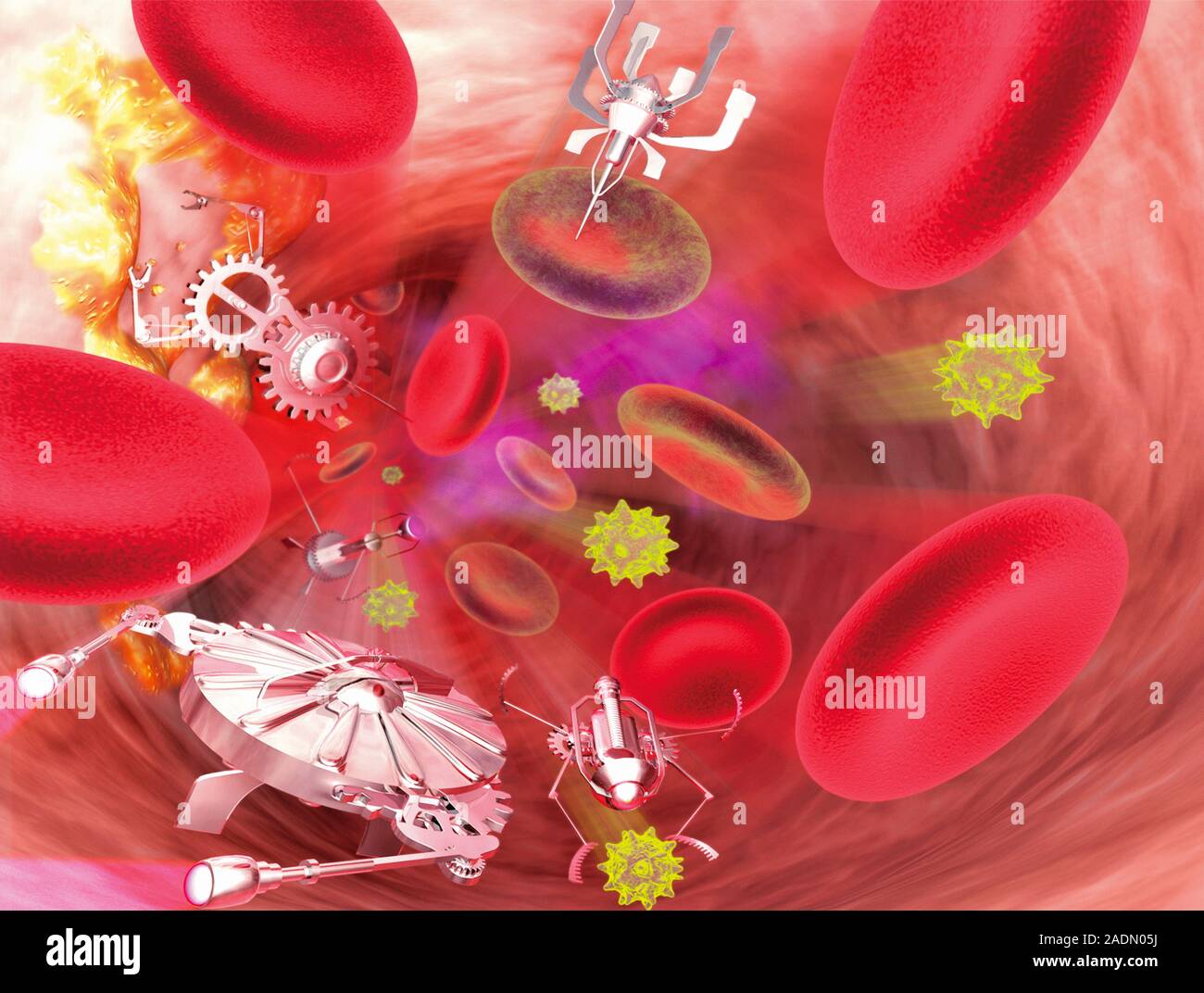 Medical nanorobots. Computer artwork of nanorobots in a blood vessel ...