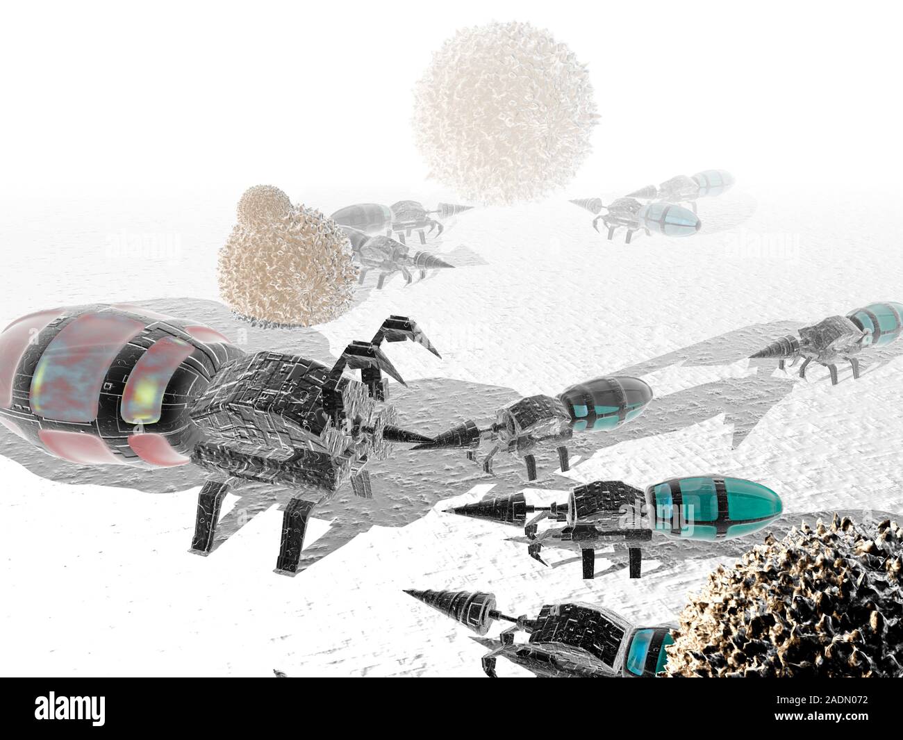 Nanorobots, computer artwork. Nanotechnology is an area of science ...