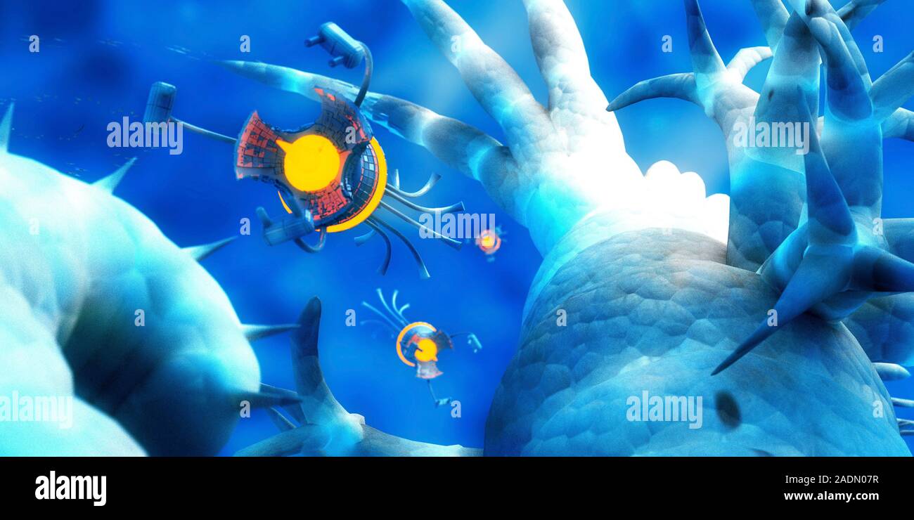 Medical nantechnology. Computer artwork of nanoprobes in a human body ...