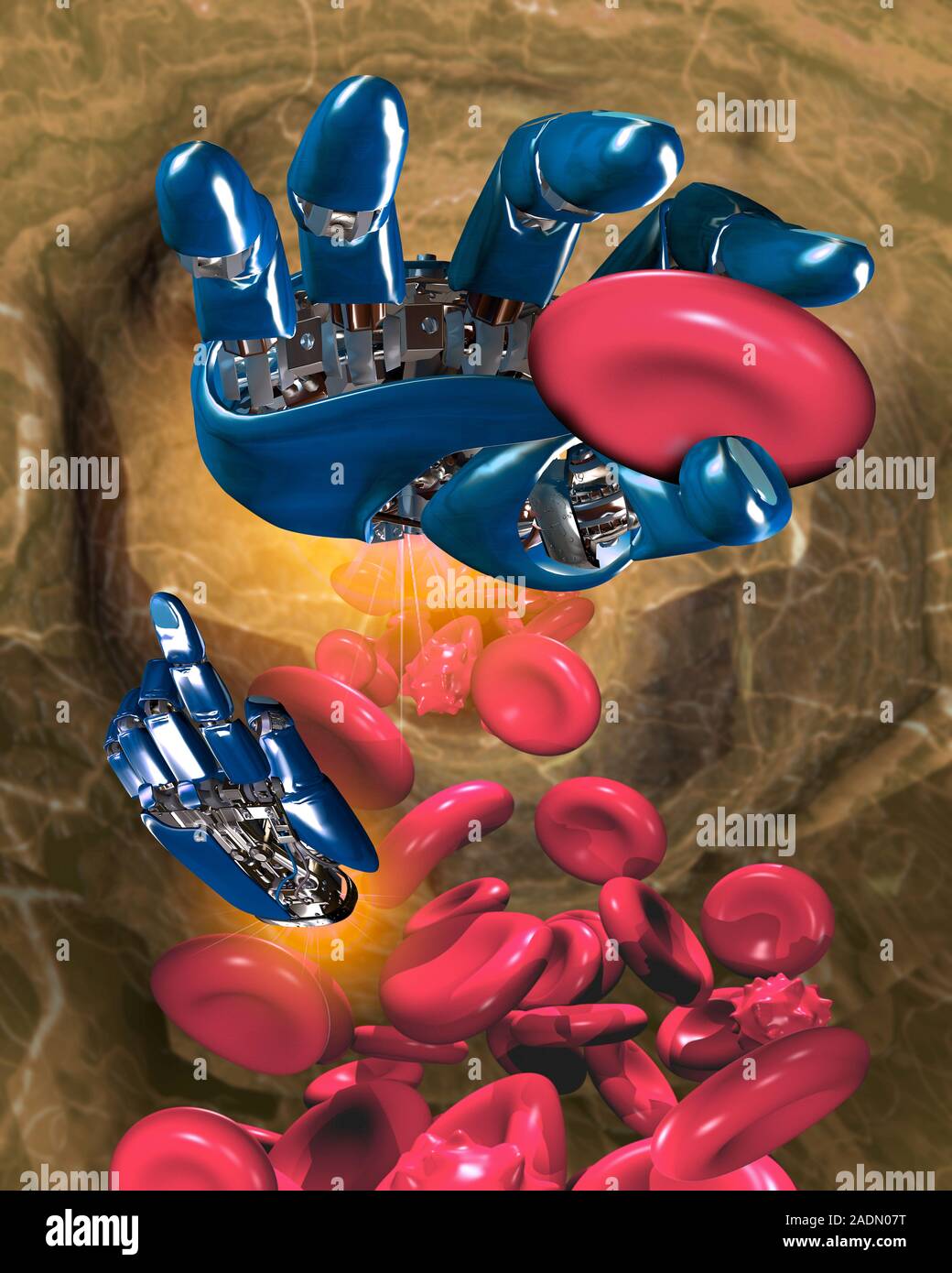 Nanotechnology machines. Conceptual computer artwork of hand shaped ...