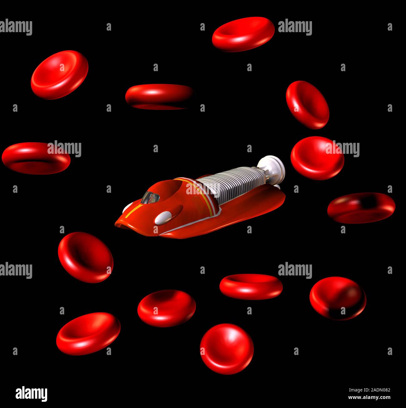 Medical nanorobot. Computer artwork of a nanorobot and red blood cells ...