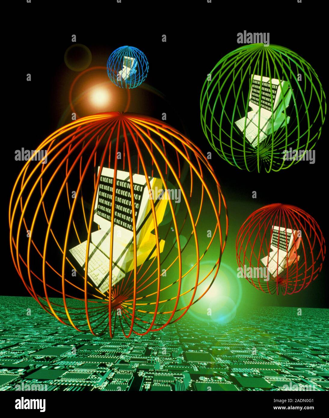 Computer data security. Abstract computer artwork of computers in ...