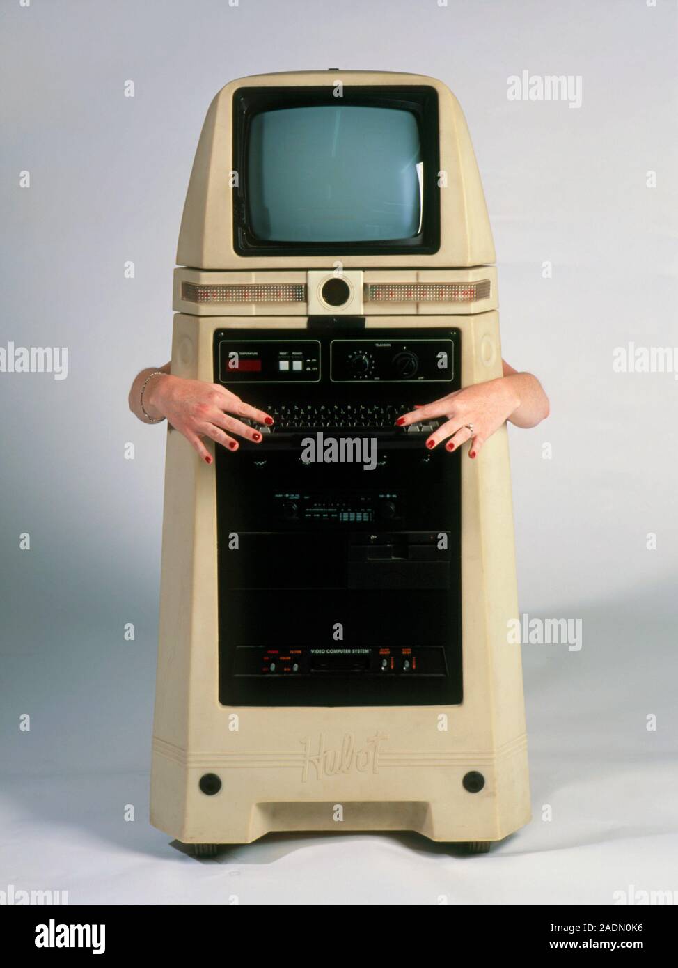 Hubot robot, being held from behind. Released in 1981 by the Hubotics Corporation, it was sold ...