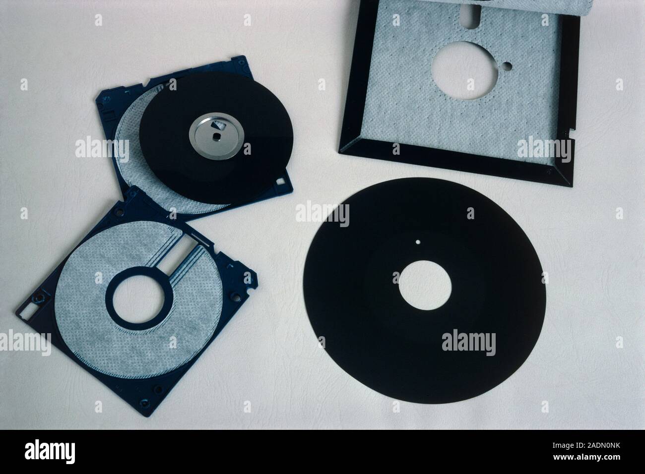 Two different sizes of floppy disc, seen with their covers removed. At ...
