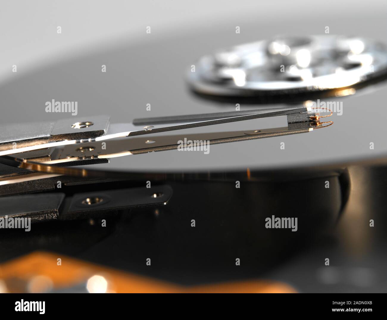 Computer hard disk and its read/write head. The hard disk (the circular ...