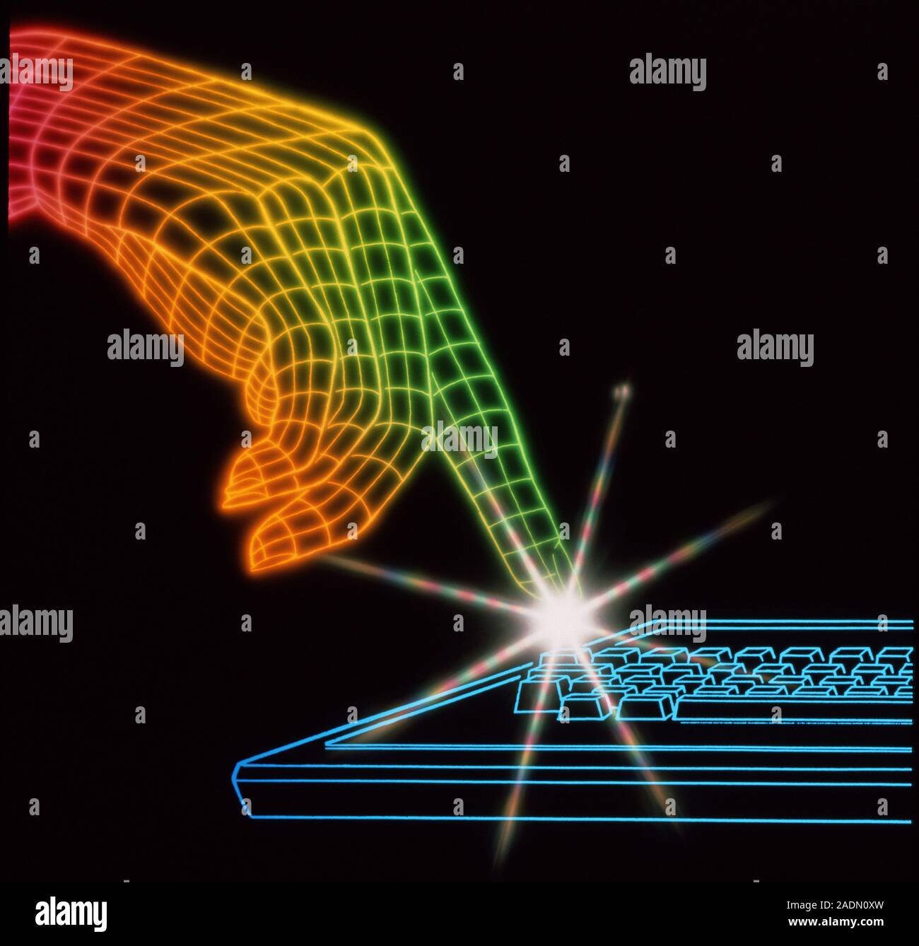Abstract computer-drawn illustration of a hand reaching out to a ...