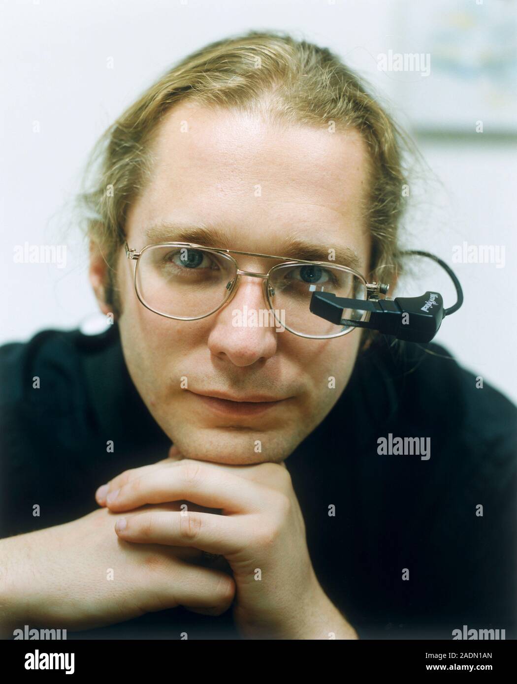 Wearable computer. Researcher Thad Starner wearing his head-mounted ...