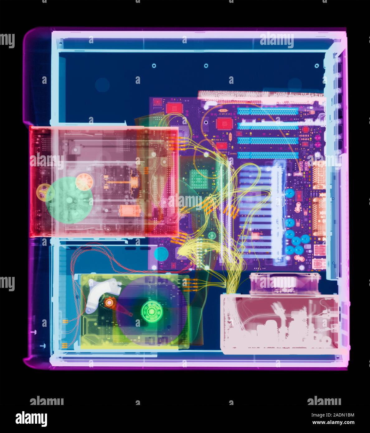 Desktop computer. X-ray of a desktop computer from above. The computer ...