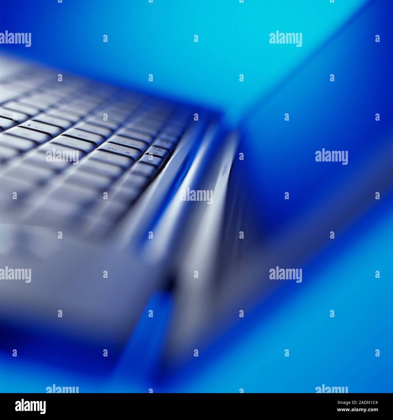 Laptop computer. Side view of the keyboard (left) and screen (right) of ...