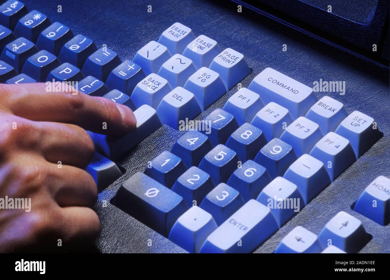 MODEL RELEASED. Computer keyboard. Man pressing a button on a computer ...