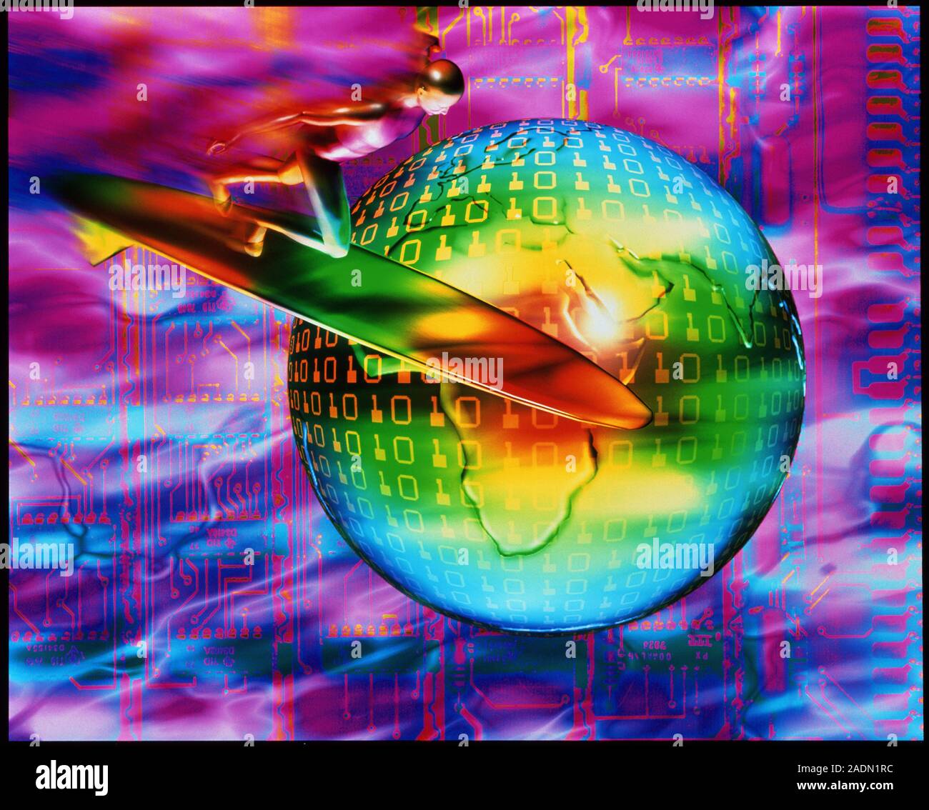 Surfing in cyberspace. Abstract computer graphic of a human figure on a ...