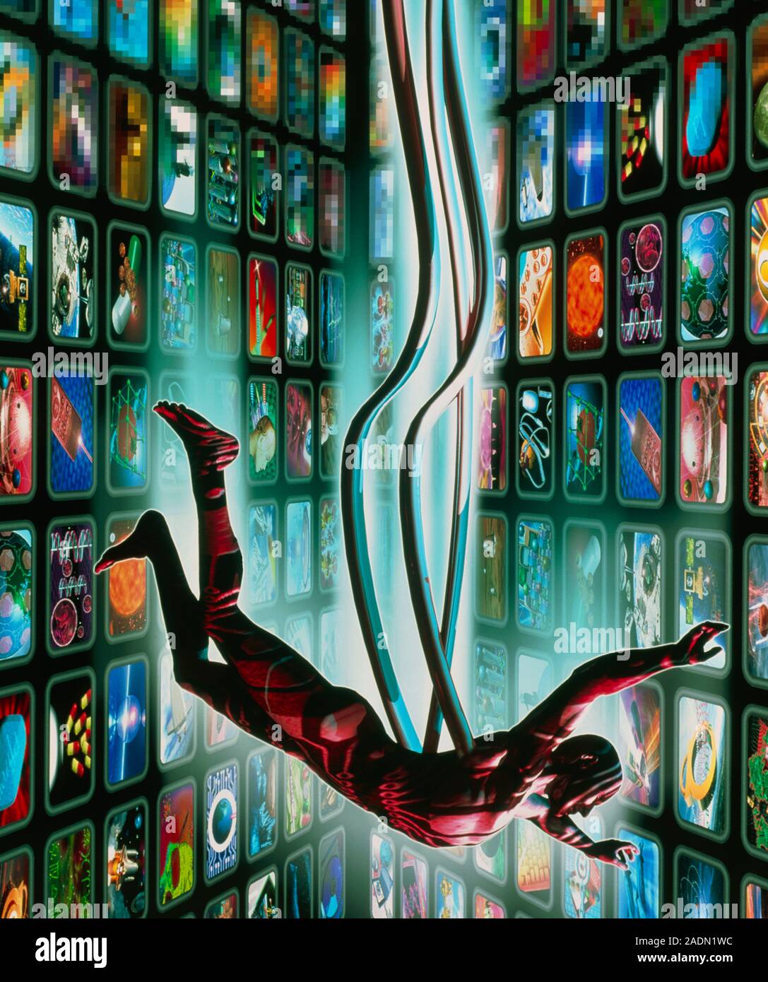 Leap into digital future. Abstract computer illustration of a leaping ...