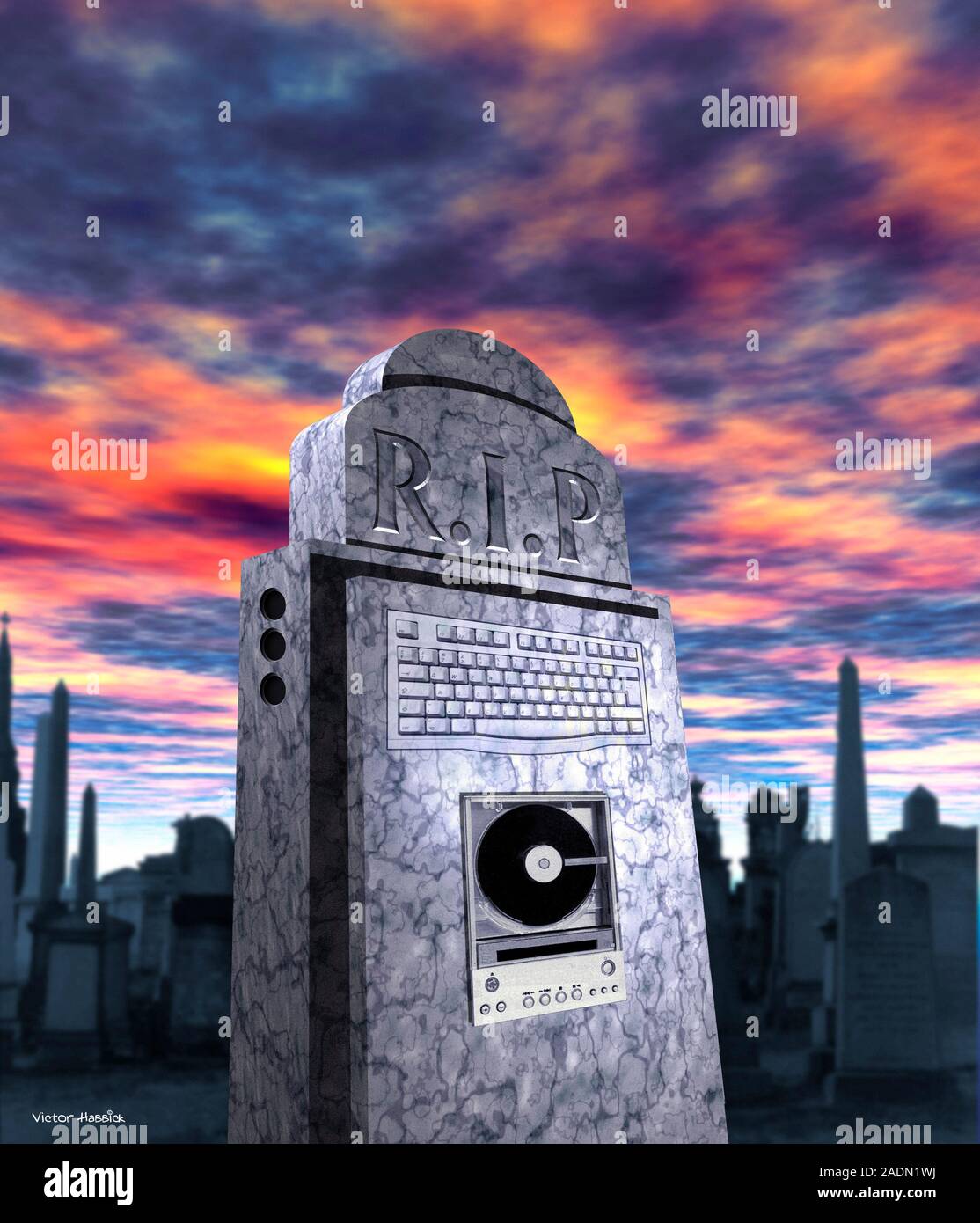 Online memorial. Conceptual computer illustration of a computer in a ...