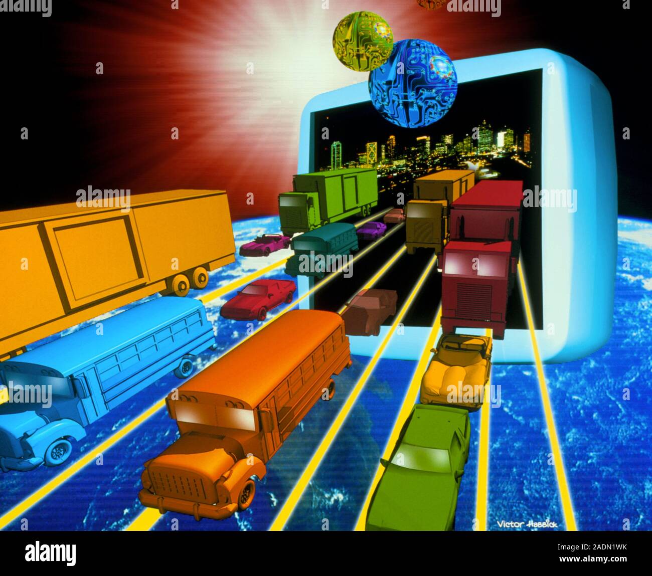 Internet traffic. Conceptual computer illustration of vehicles coming ...