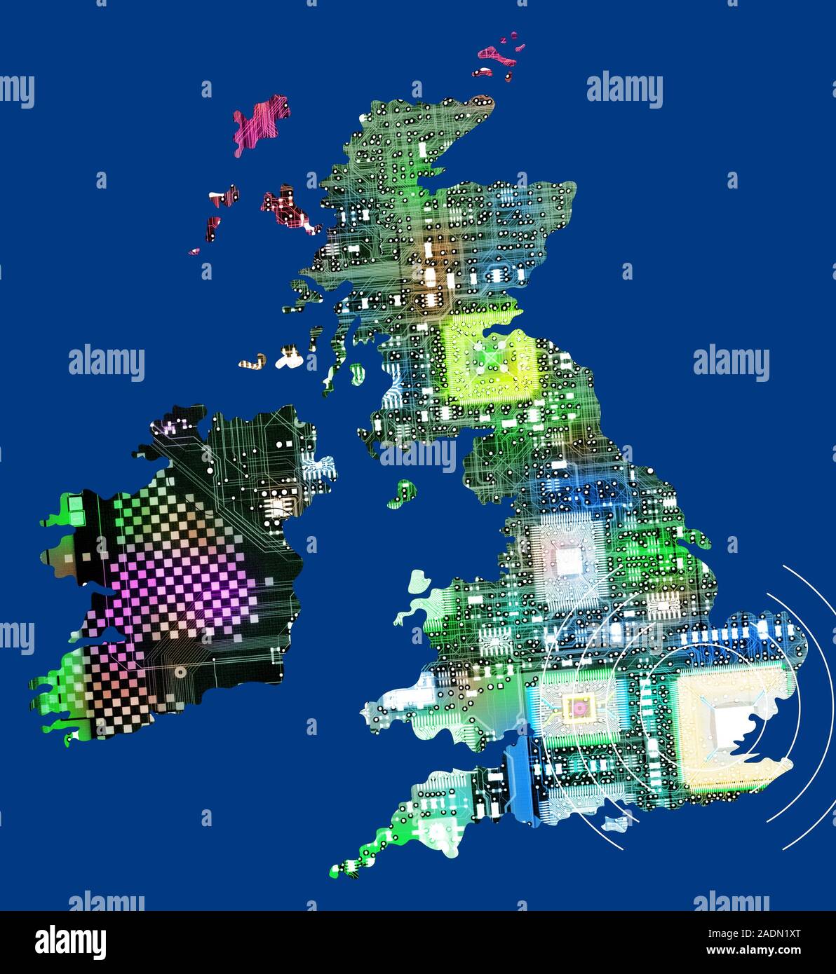 Electronic UK. Conceptual computer artwork of a map of the UK overlaid ...