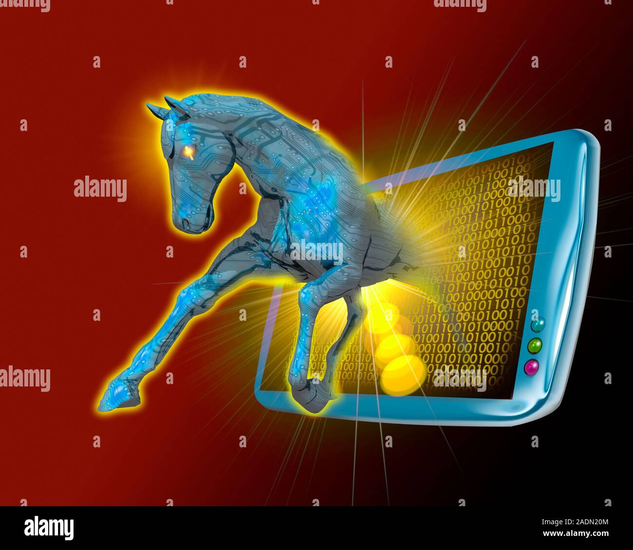 Trojan horse. Conceptual computer artwork of a horse leaping out of a ...