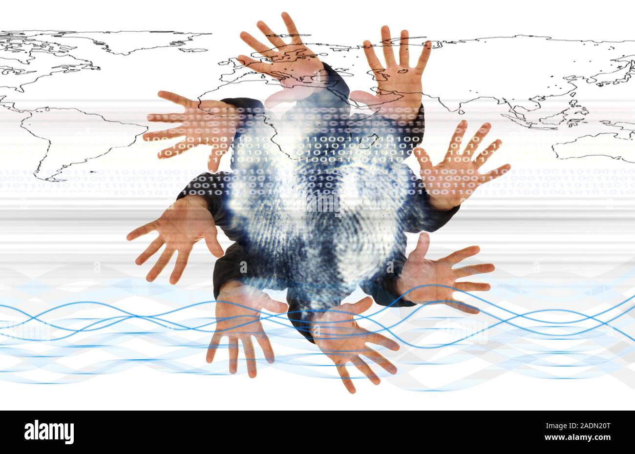 Internet Security Conceptual Image Of A Circle Of Hands Around A Fingerprint With Binary 