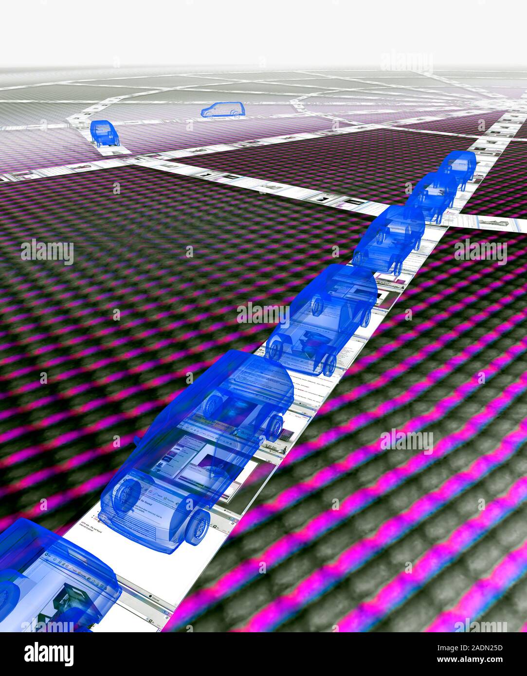 Web traffic. Conceptual computer artwork showing virtual cars driving ...