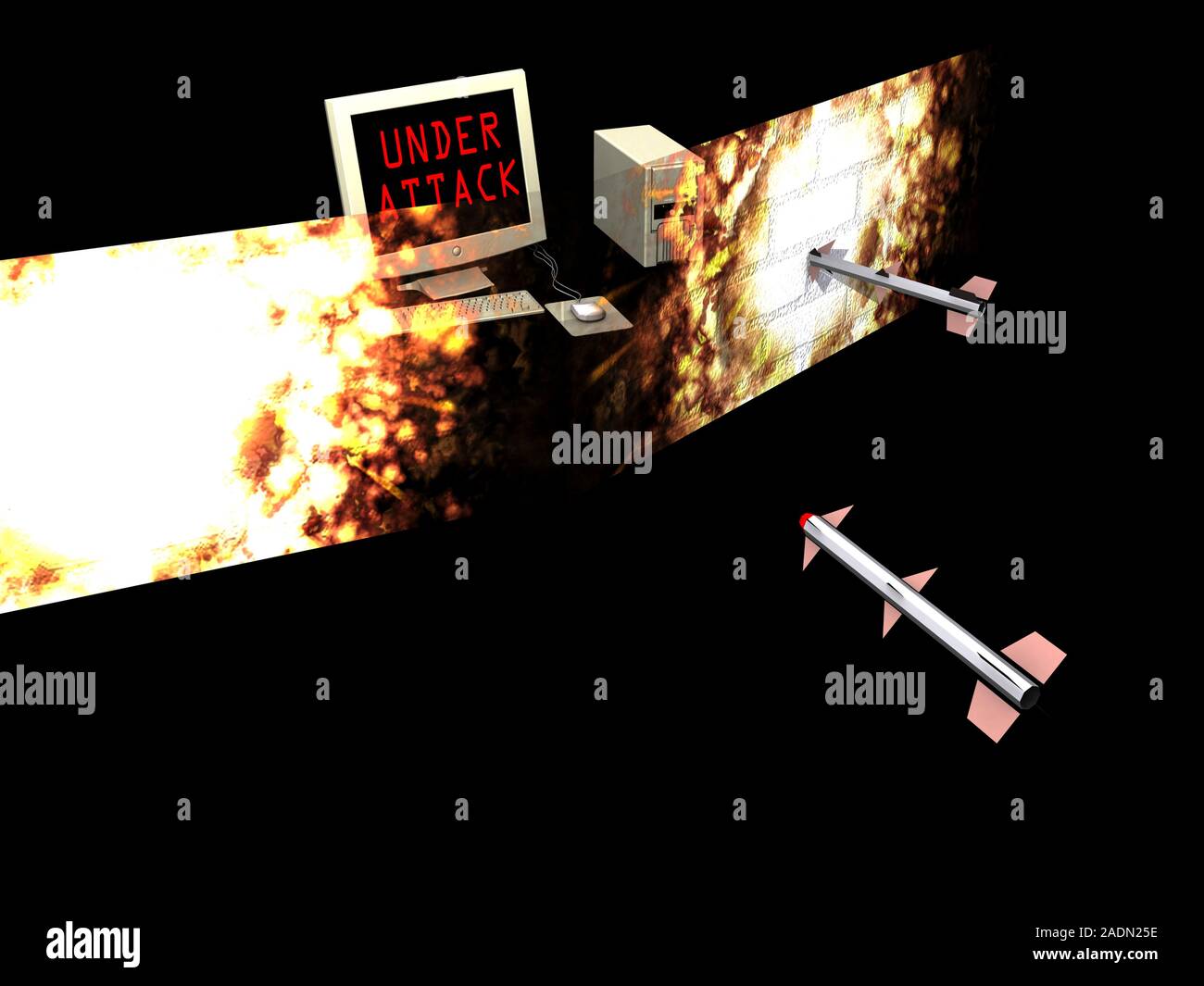 Firewall. Conceptual computer artwork of a computer under a missile ...