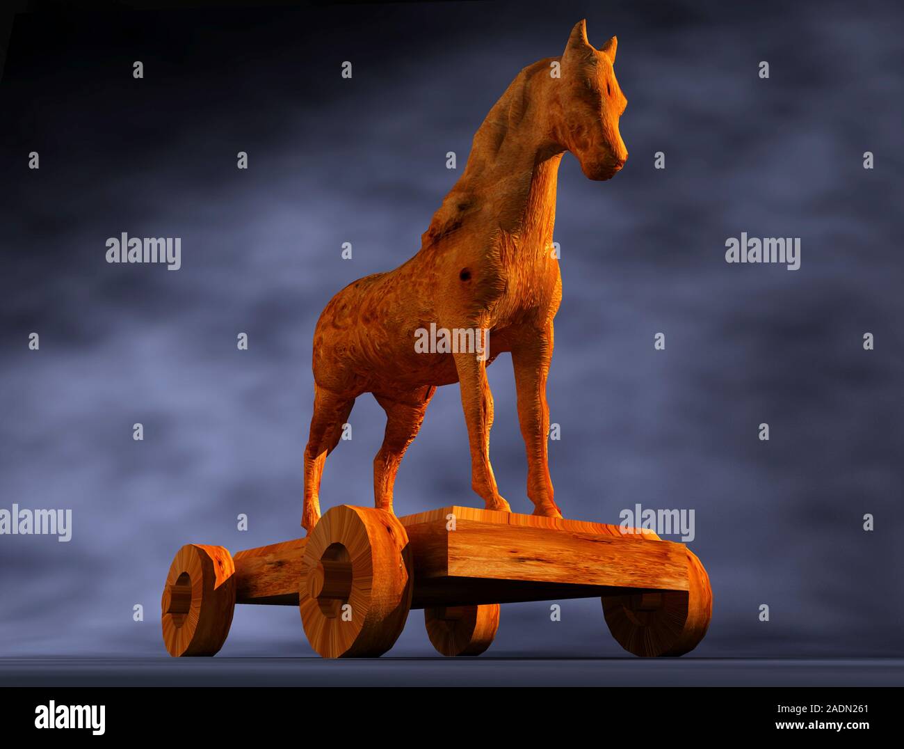 Trojan horse. Conceptual computer artwork of a wooden horse on wheels ...