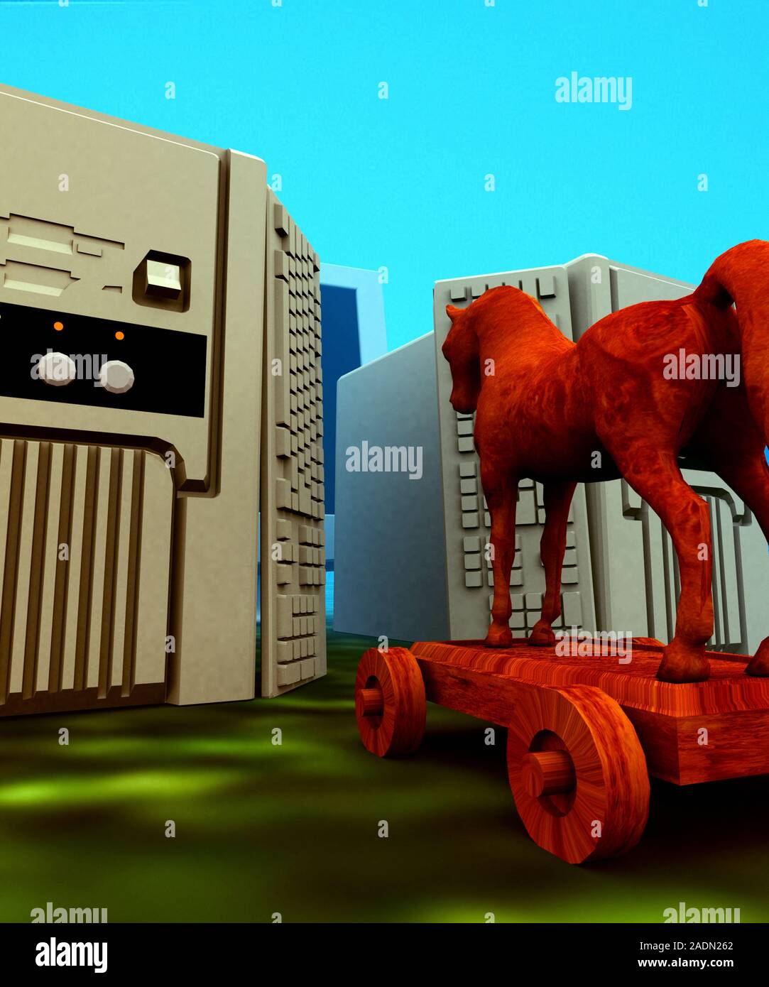Trojan horse. Conceptual computer artwork of a wooden horse on wheels ...