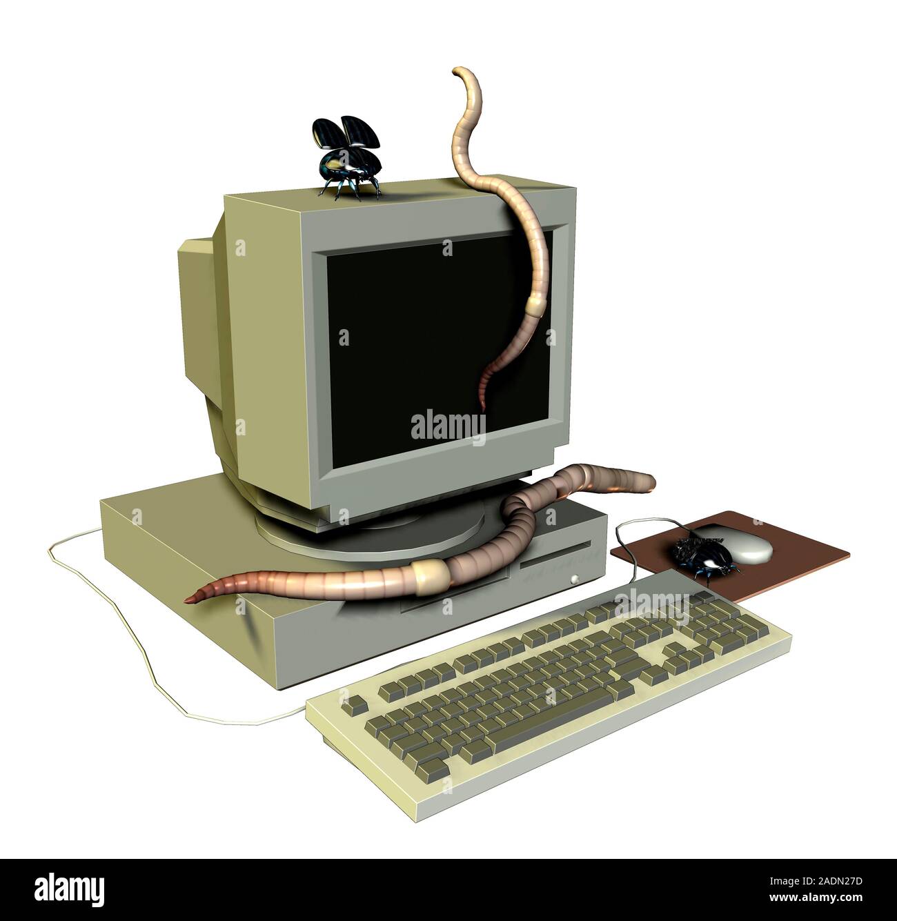 Computer viruses. Computer artwork of worms and bugs around a personal ...
