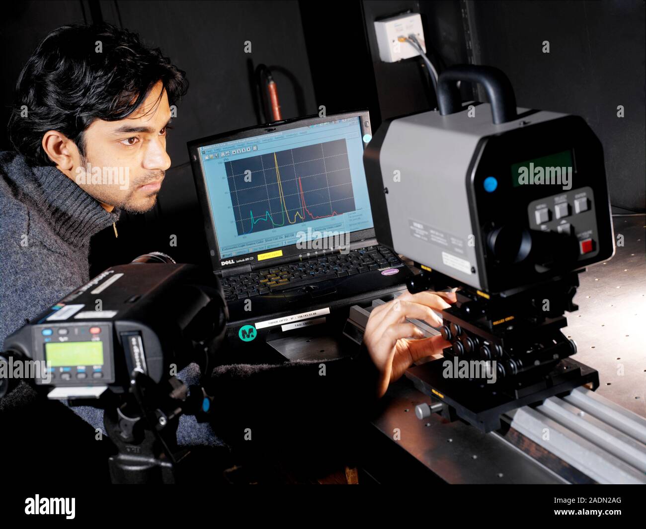 Visual display unit research. Physicist using a spectroradiometer to ...