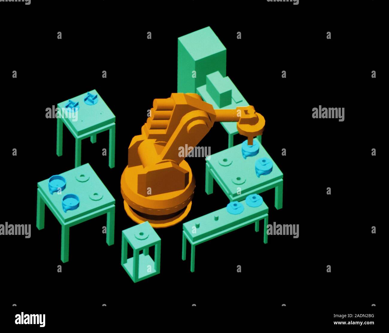 Assembly robot simulation. Computer display showing a simulation of an ...