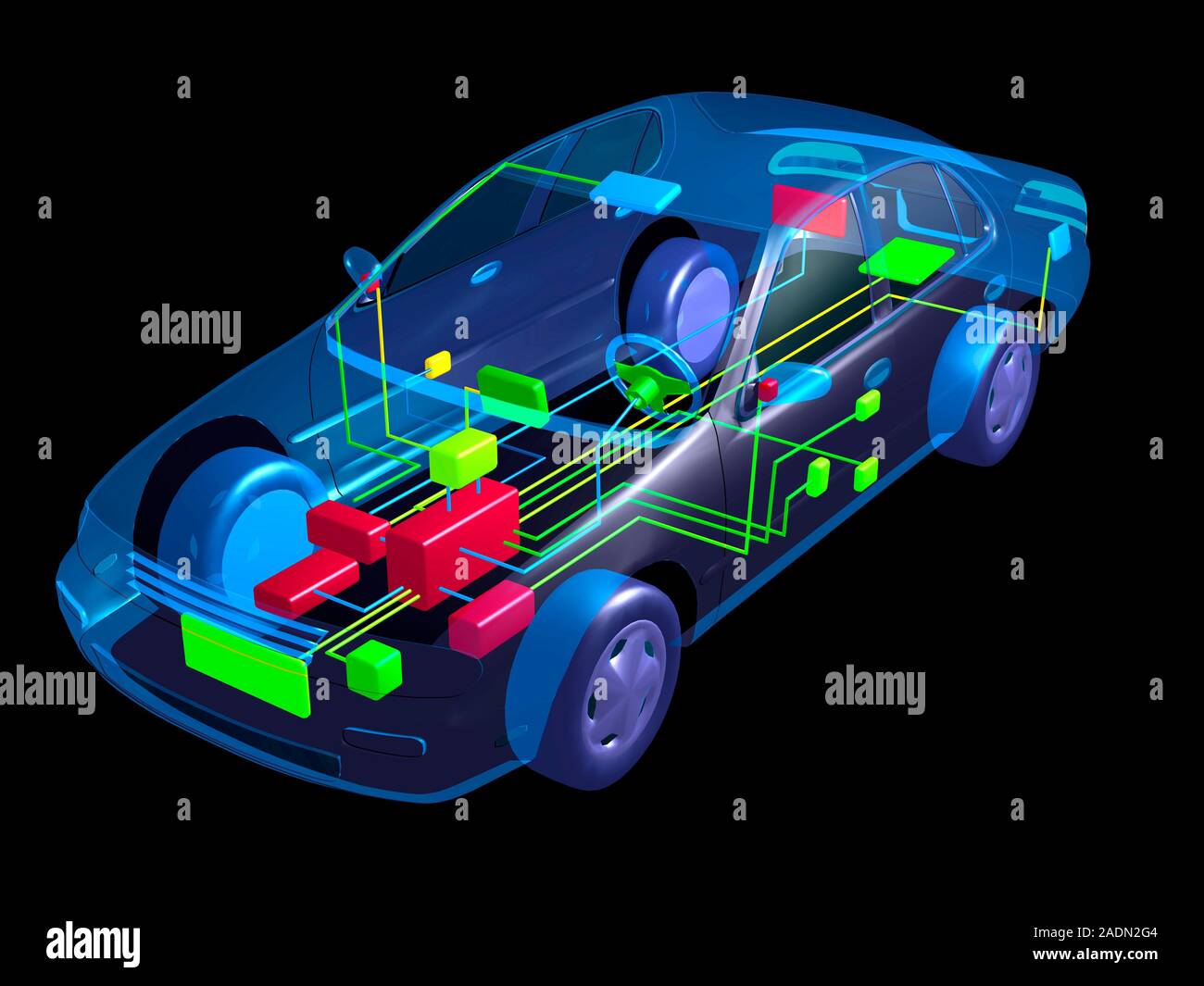 Car design. Computer-aided design (CAD) image of a modern car. Wiring ...