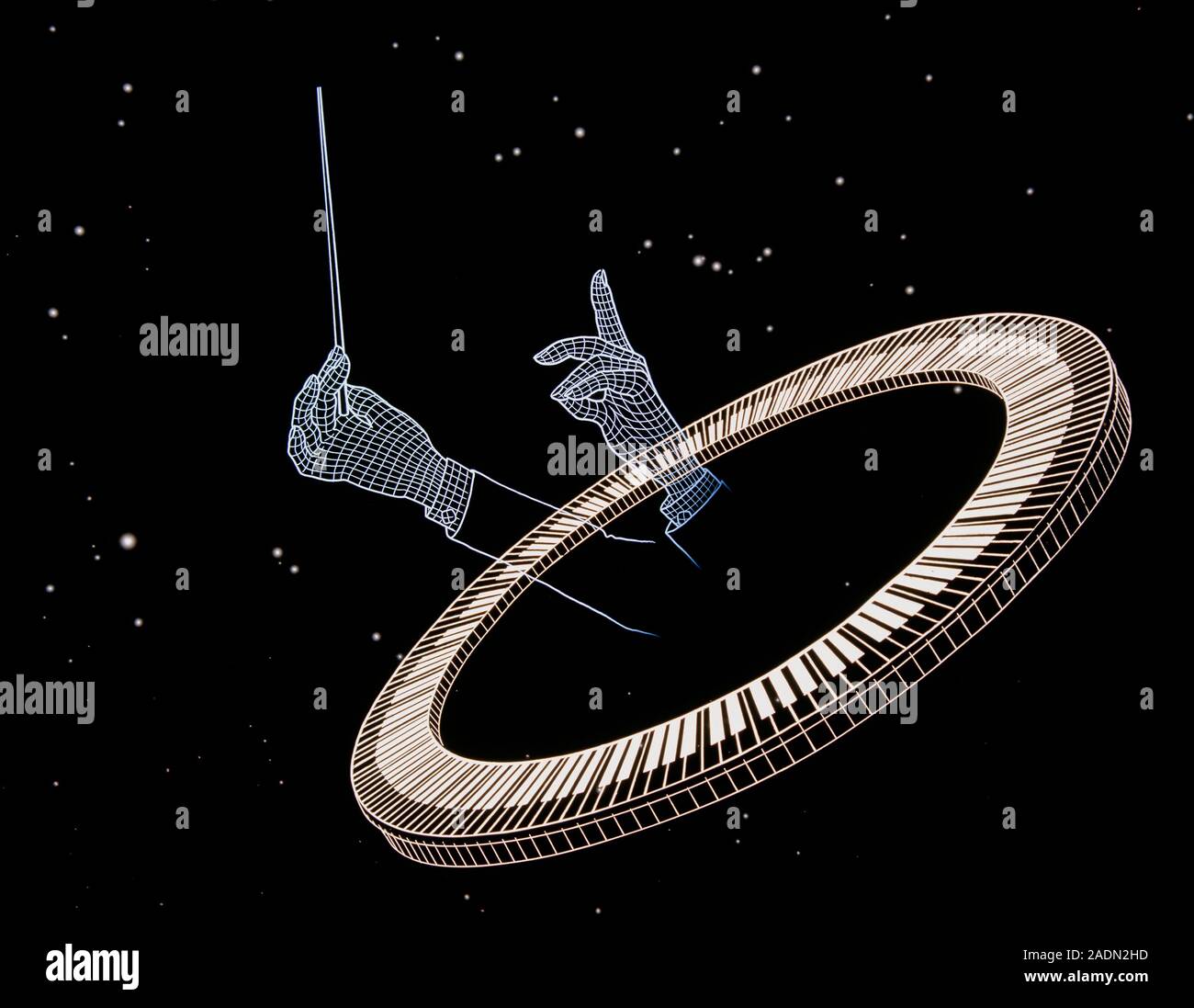 Abstract composition of a conductor's hands & baton surrounded by a ...