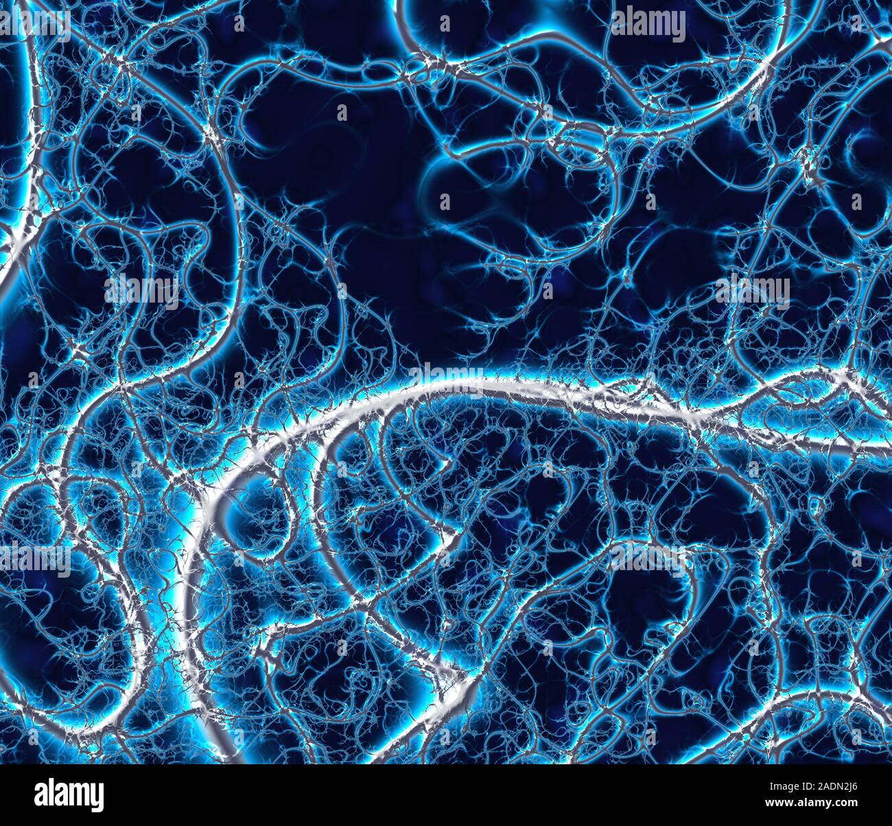 Abstract computer artwork of branching strands glowing with a blue ...