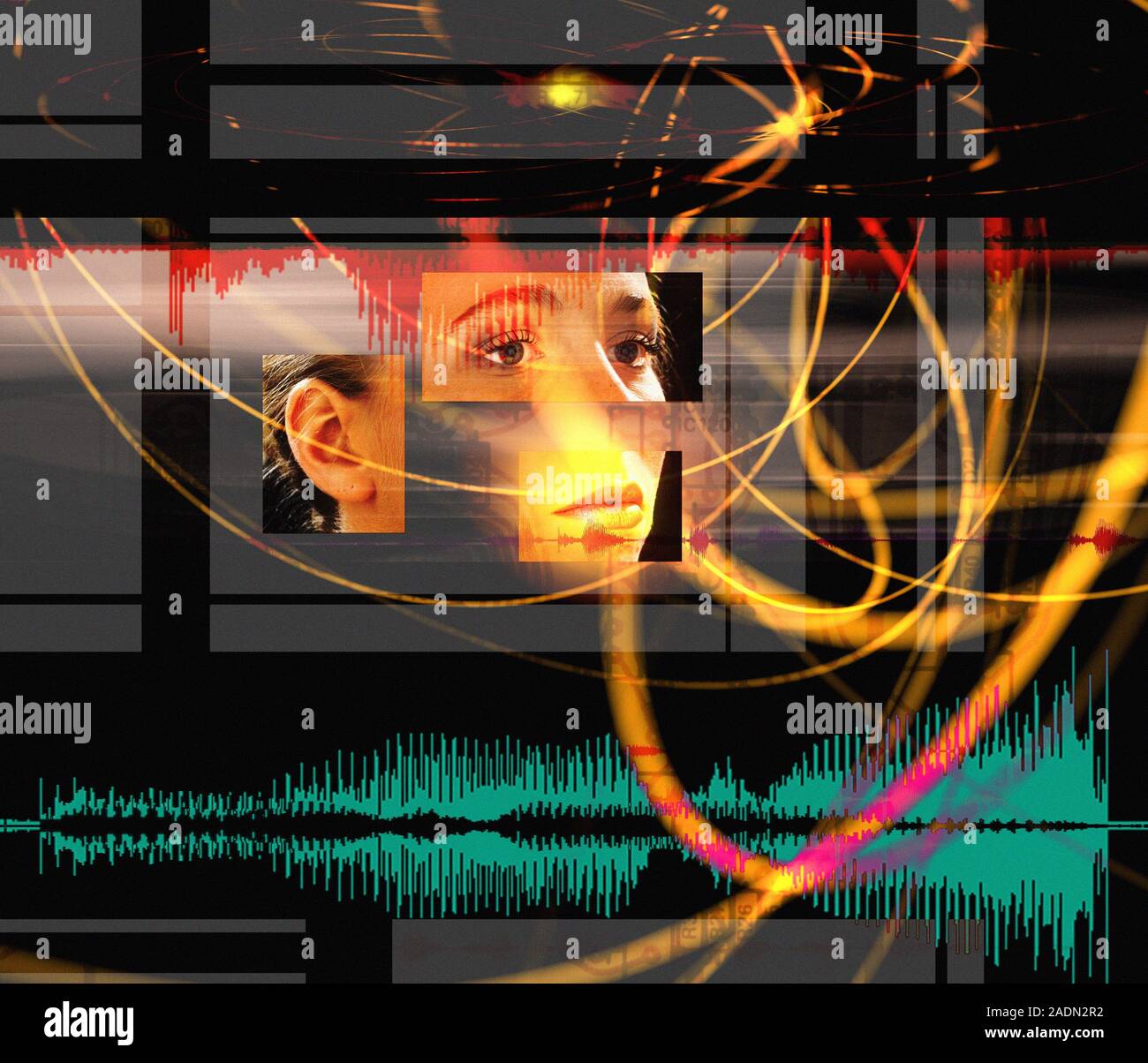Voice recognition. Conceptual computer artwork of voice patterns (jagged waveforms) and an ear ...