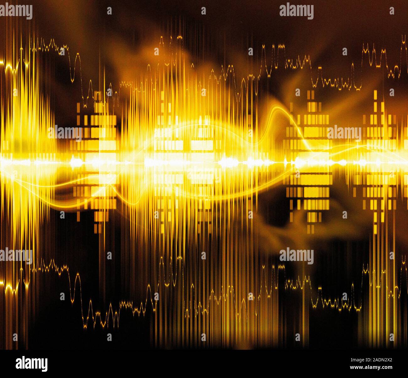 Voice recognition. Conceptual computer artwork of voice patterns (waveforms, yellow ...