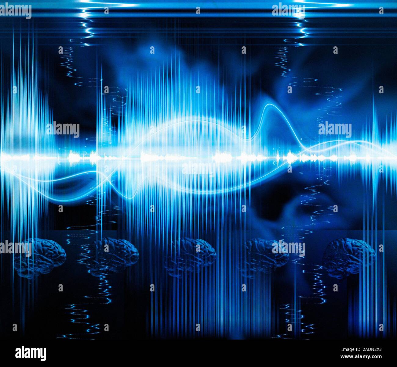 Voice recognition. Conceptual computer artwork of voice patterns (waveforms, blue), representing ...