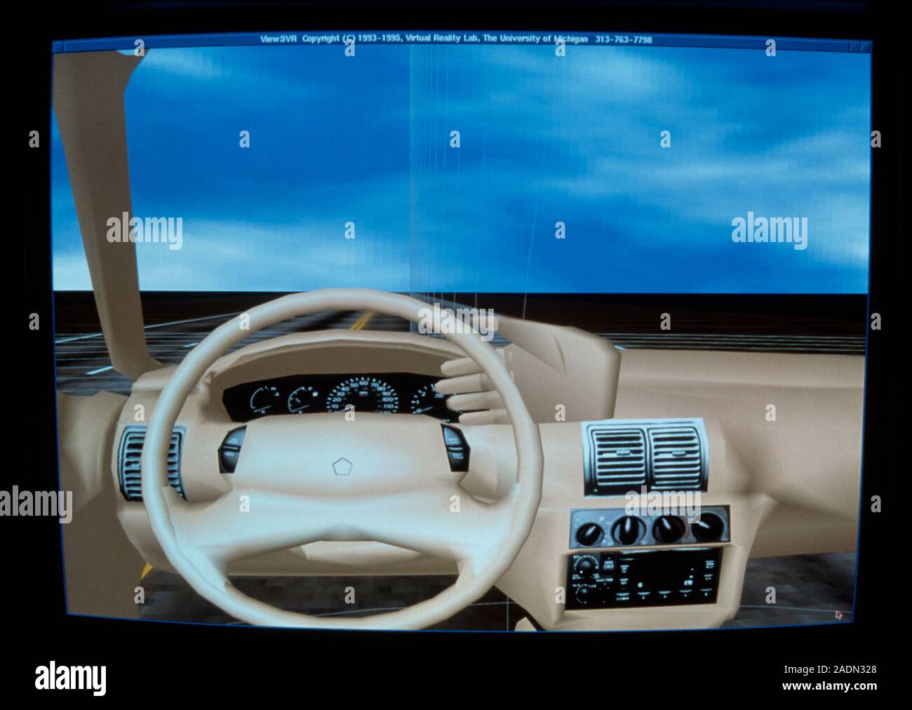 Virtual reality car design. Virtual reality (VR) screen image of the ...