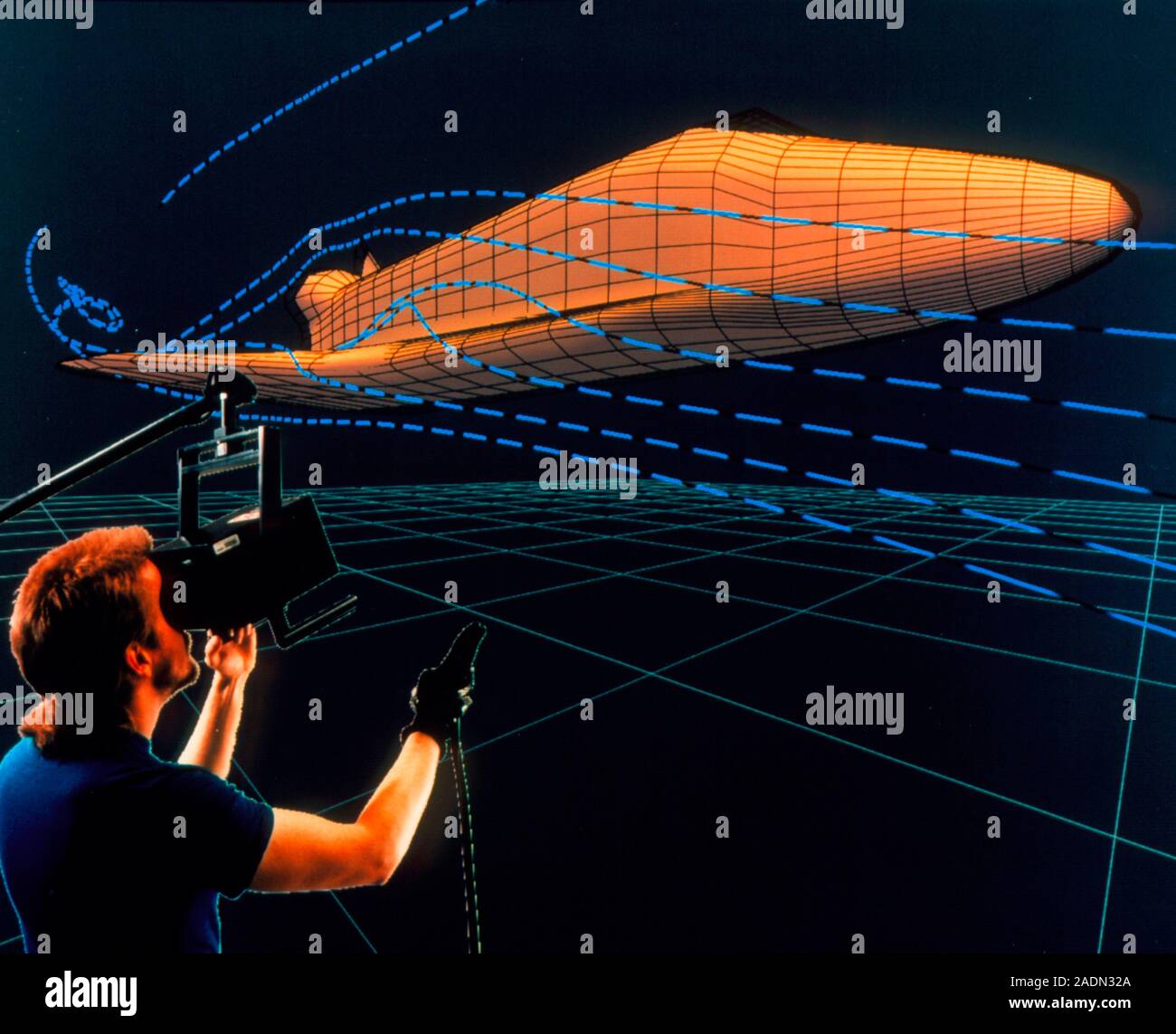 Virtual wind tunnel. Composite image of a man immersed in the computer ...